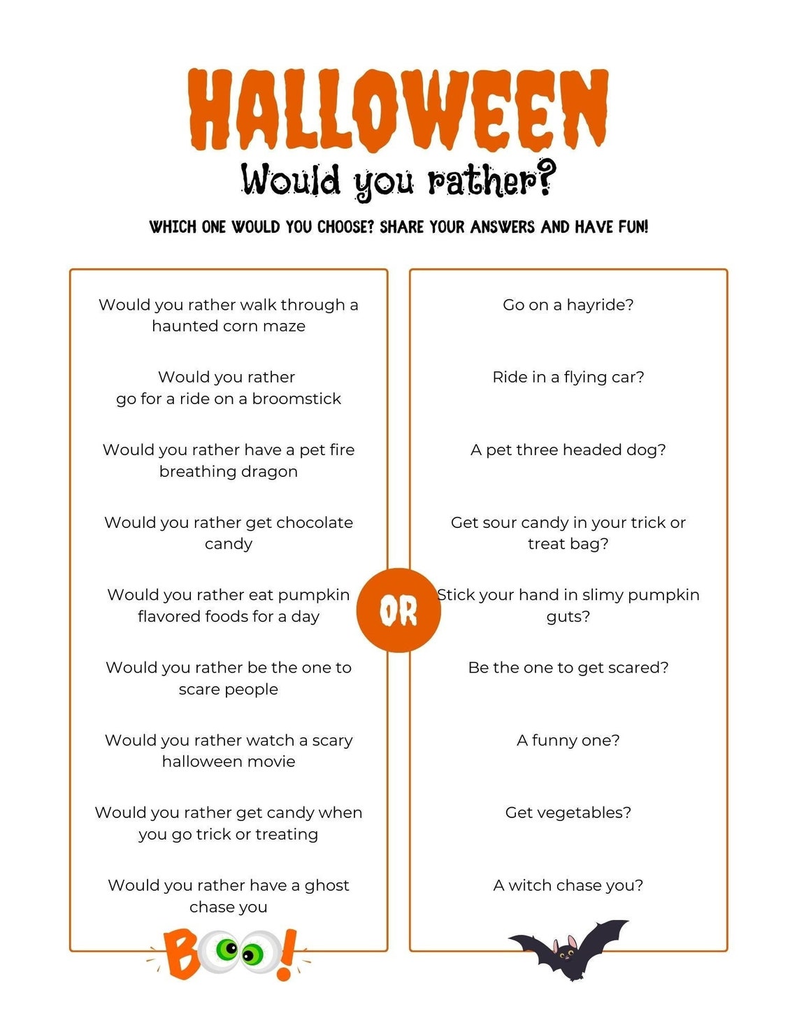 Halloween Printable, Kid's Halloween Printable, Halloween Would You ...
