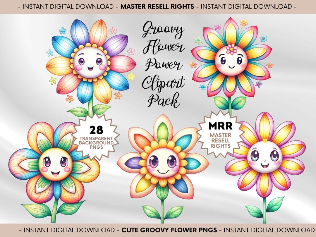 Groovy Flower Power Clipart Pack With Master Resell Rights - 28 Cute ...