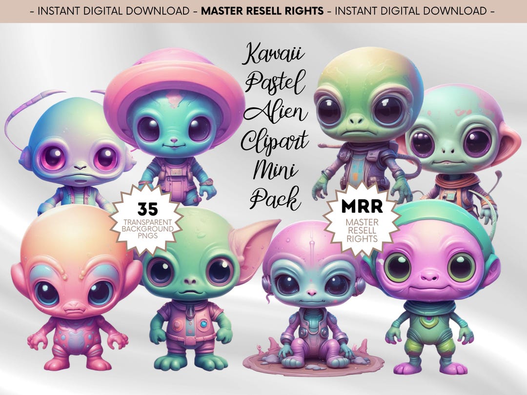 Kawaii Pastel Alien Clipart Mini Pack With Master Resell Rights 35 ...