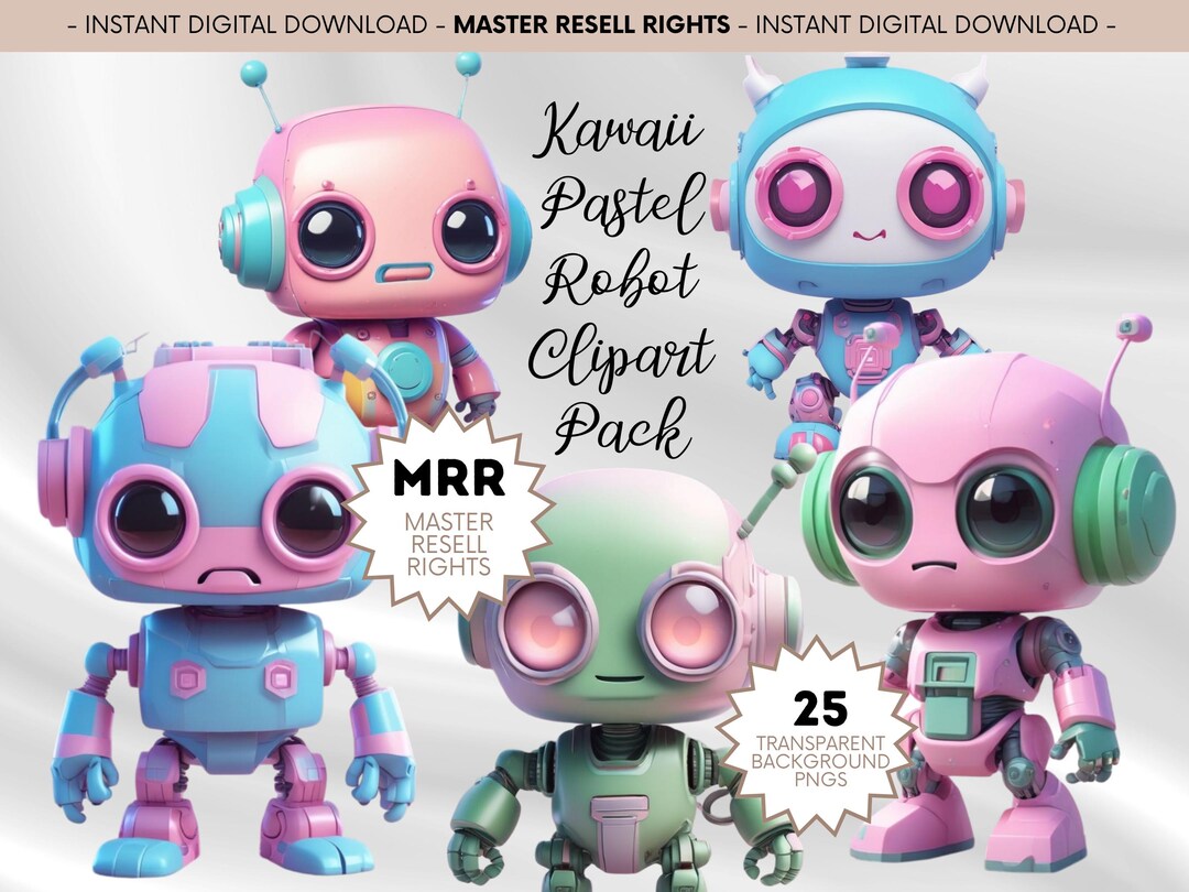 Kawaii Pastel Robot Clipart Pack With Master Resell Rights 25 ...