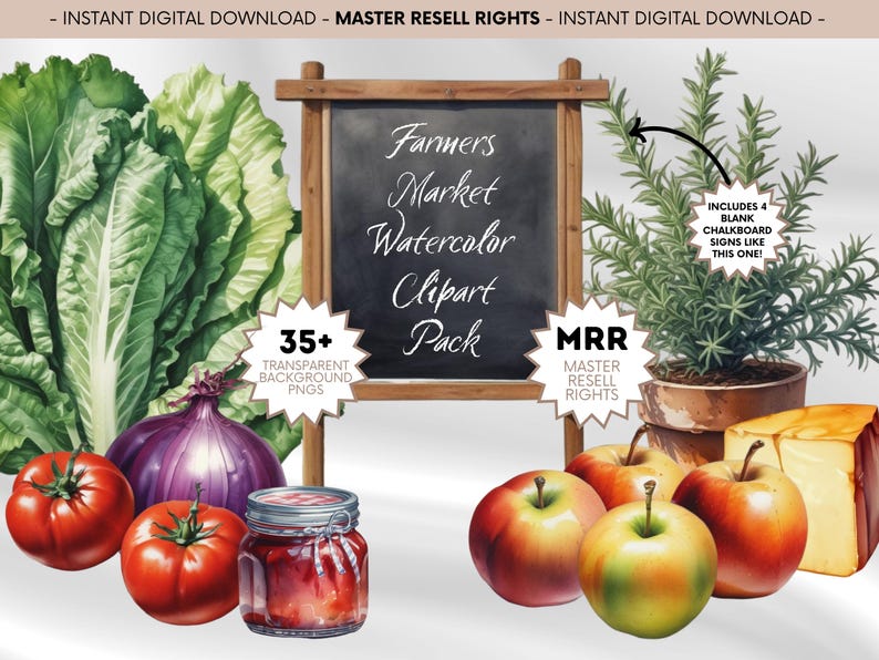 Watercolor Farmers Market Clipart Pack With Master Resell Rights 35 ...