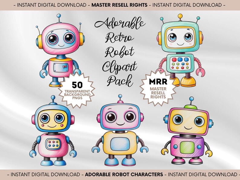 Adorable Retro Robot Clipart Pack With Master Resell Rights - 50 Cute ...