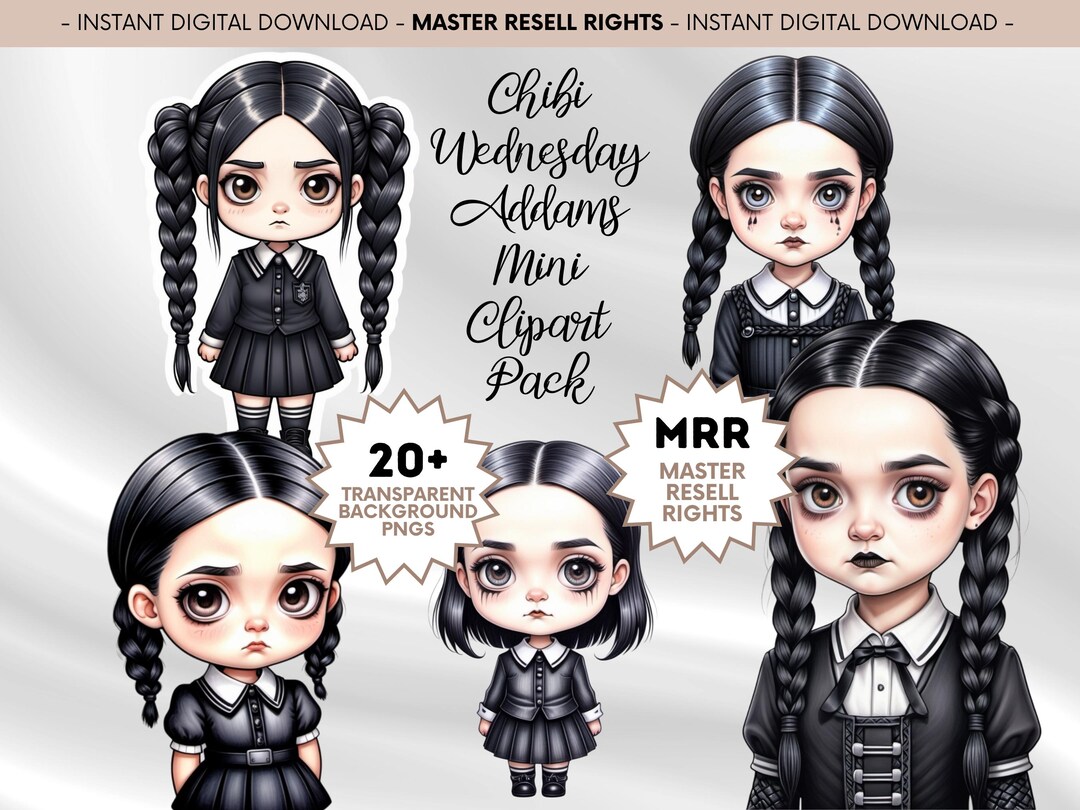 Chibi Wednesday Addams Mini Clipart Pack With Master Resell Rights 20 ...