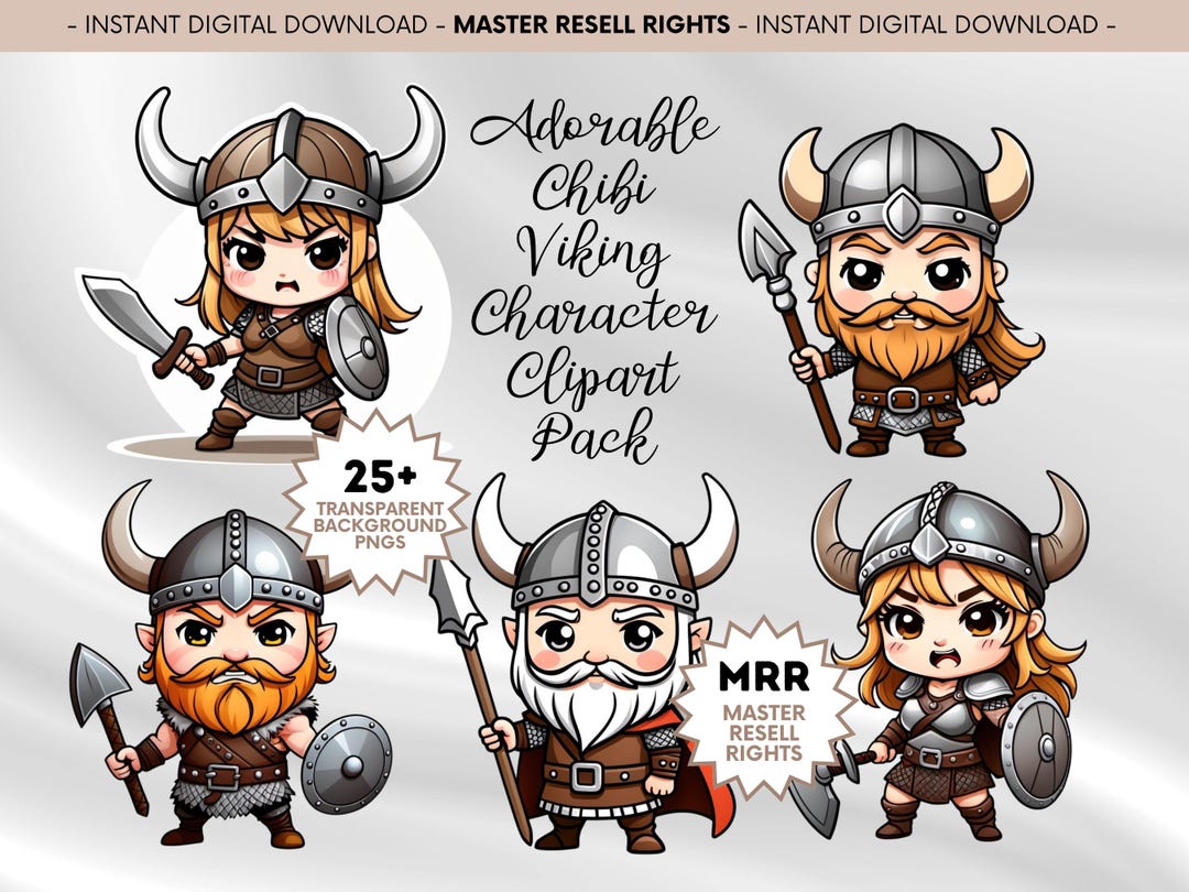 Adorable Chibi Viking Character Clipart Pack With Master Resell Rights ...