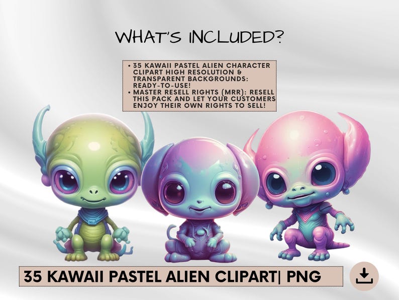 Kawaii Pastel Alien Clipart Mini Pack With Master Resell Rights 35 ...