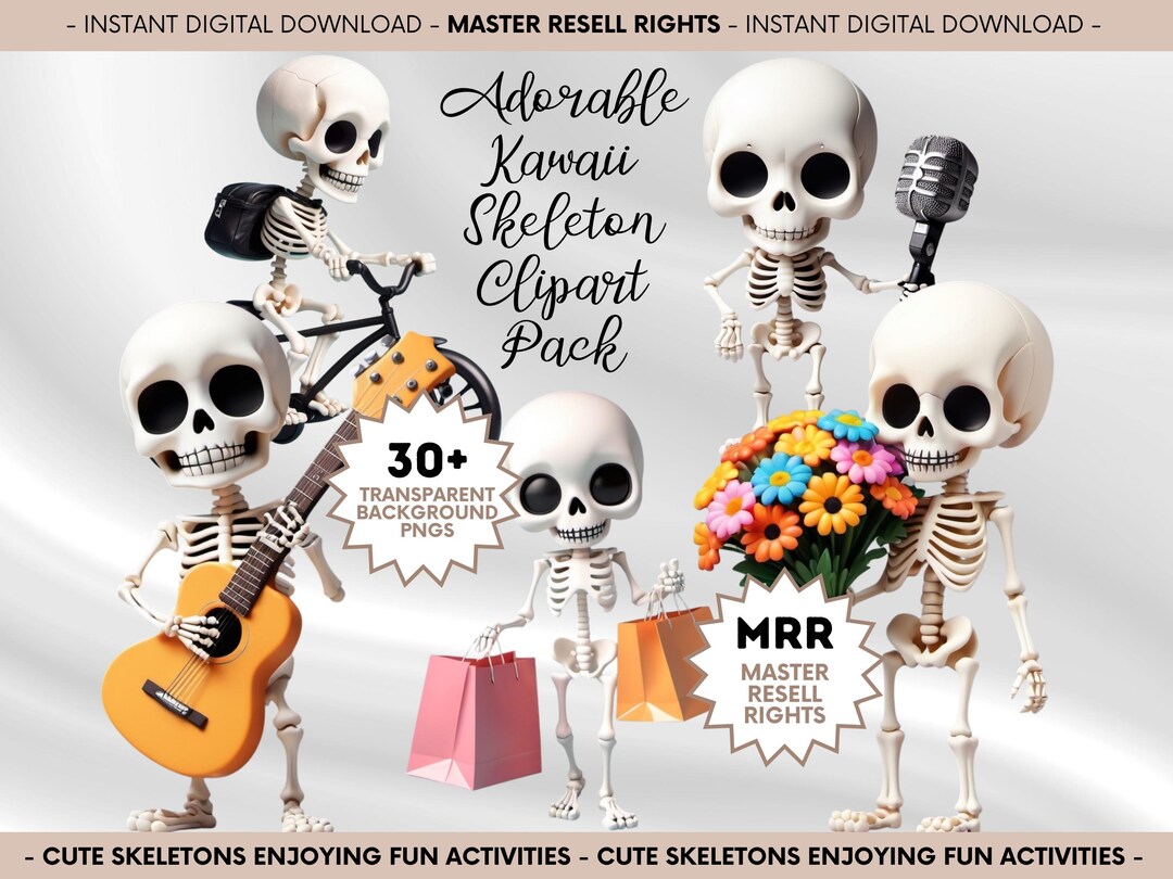 Adorable Kawaii Skeleton Clipart Pack With Master Resell Rights| Cute ...