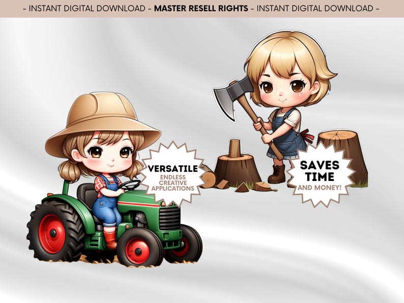 Adorable Kawaii Farm Girl Homestead Mini Clipart Pack With Master Resell Rights 15 Cute Farm ...