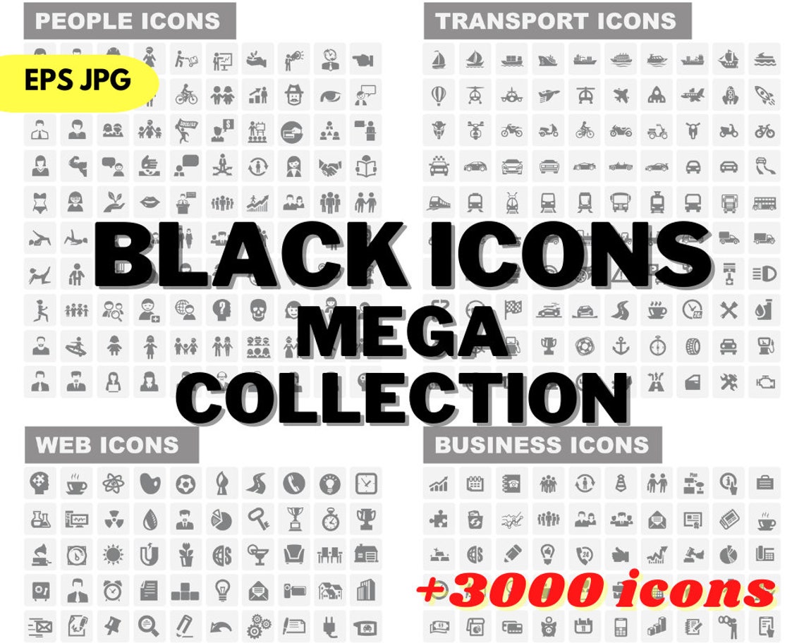 Black Icons Mega Collection 3000 Icons EPS JPG Icon Bundle Pack Instant ...