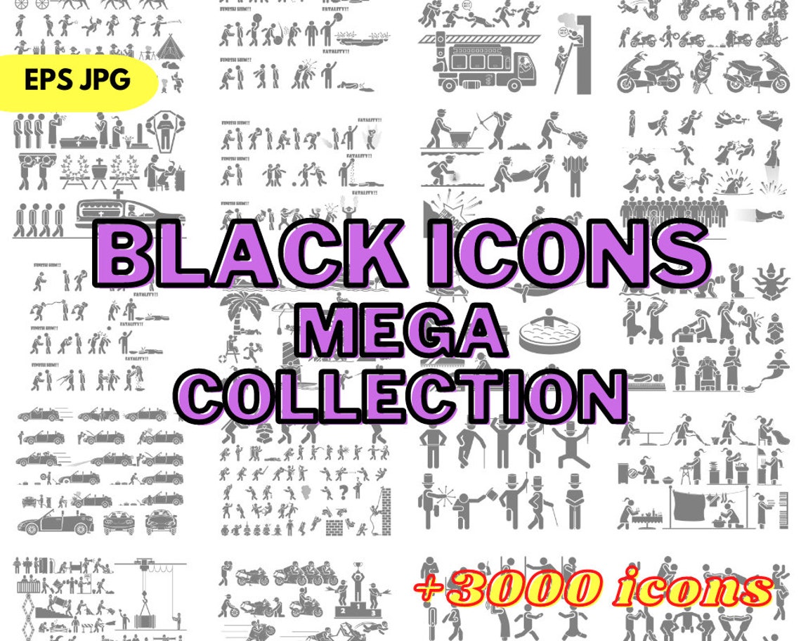 Black Icons Mega Collection 3000 Icons EPS JPG Icon Bundle Pack Instant ...