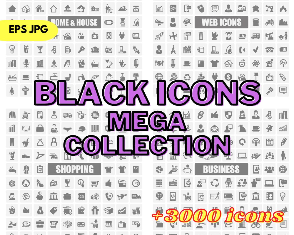 Black Icons Mega Collection 3000 Icons EPS JPG Icon Bundle Pack Instant ...