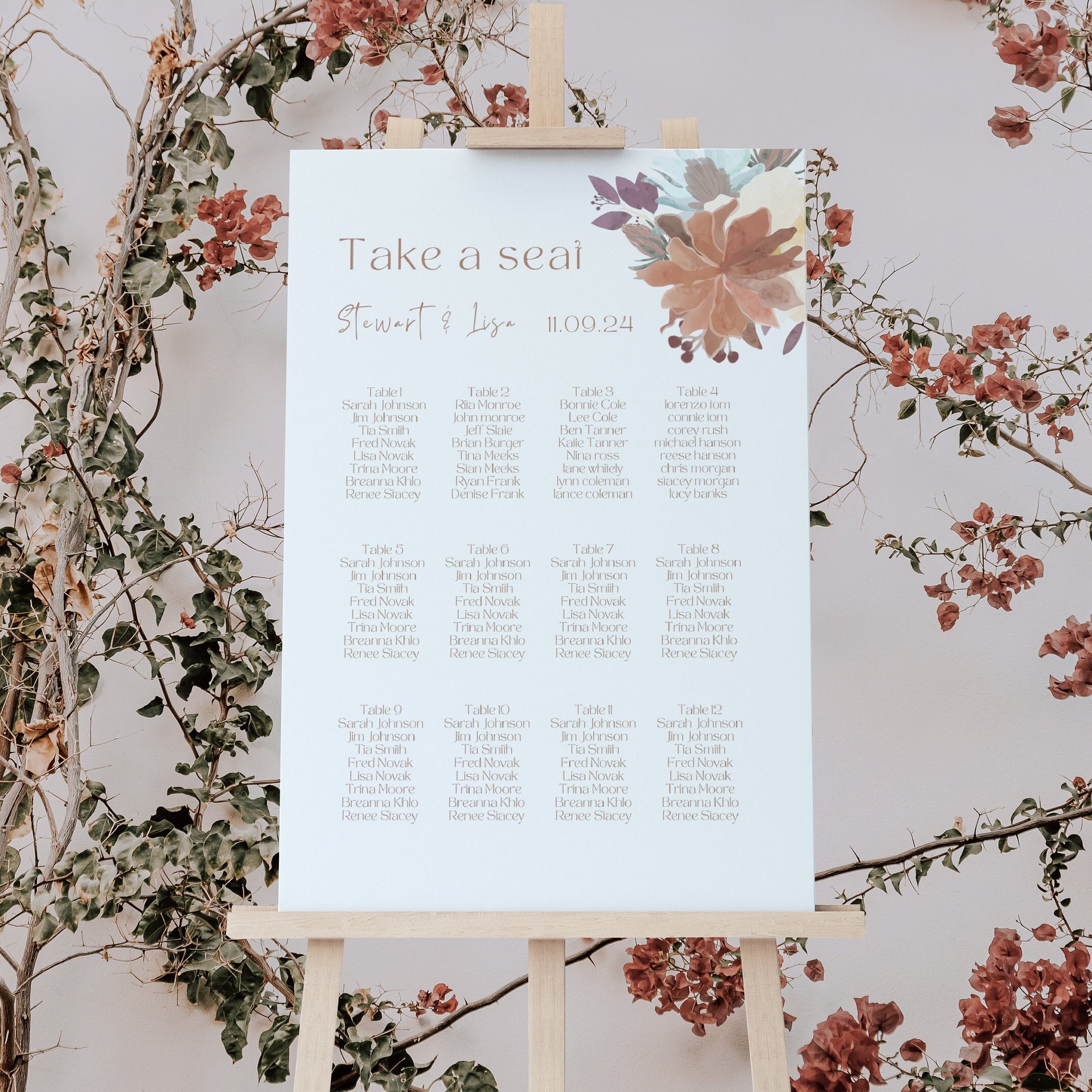 Printable Seating Chart Template, Boho Wedding Seating Sign, Instant ...