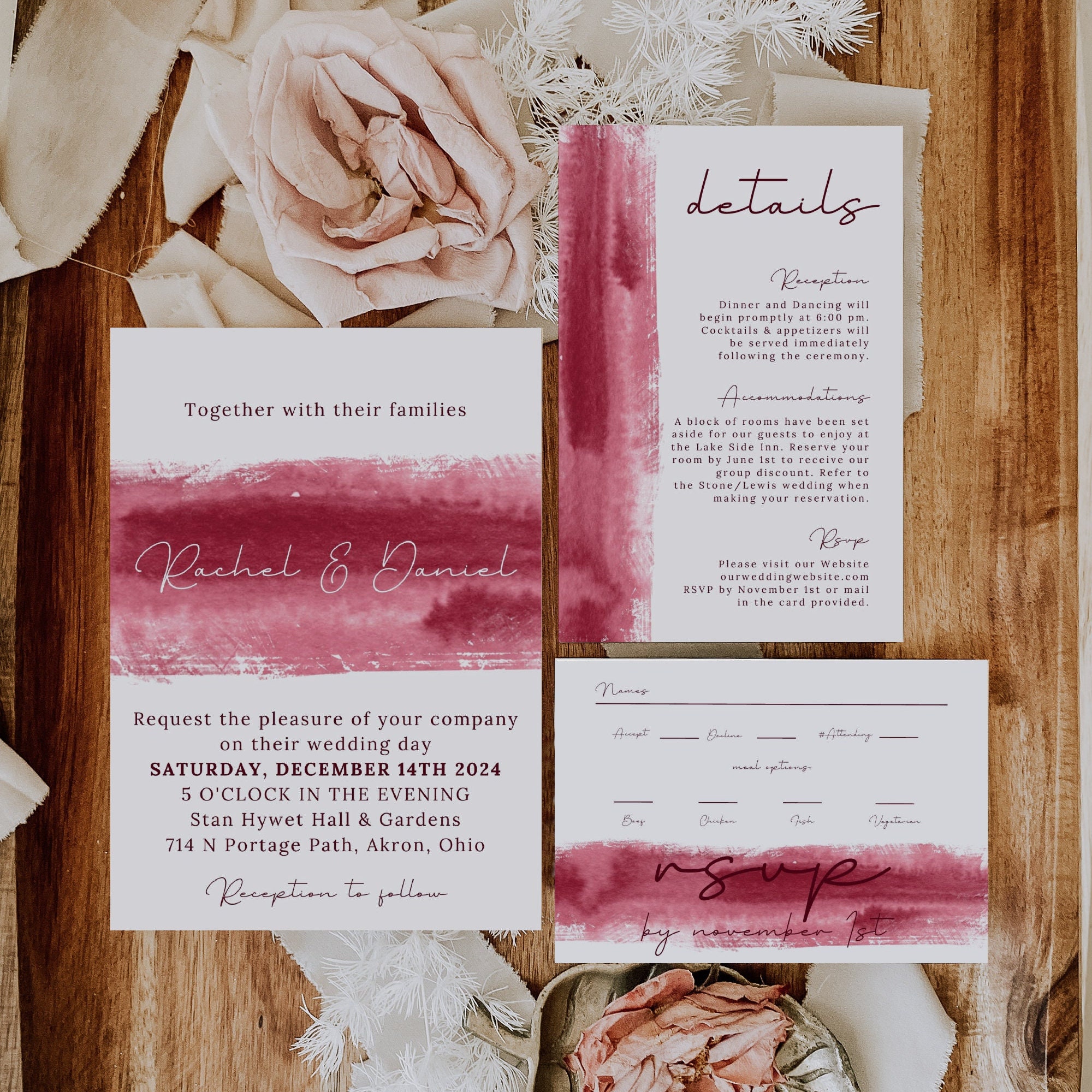 Burgundy Wedding Invitation With RSVP, Burgundy Wedding Invite Set ...