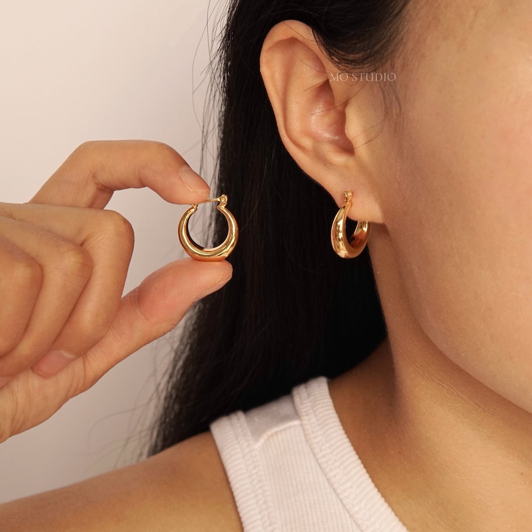 Small Chunky Gold Hoop Earrings, 18k Gold Large Hoop Earrings, Tiny ...