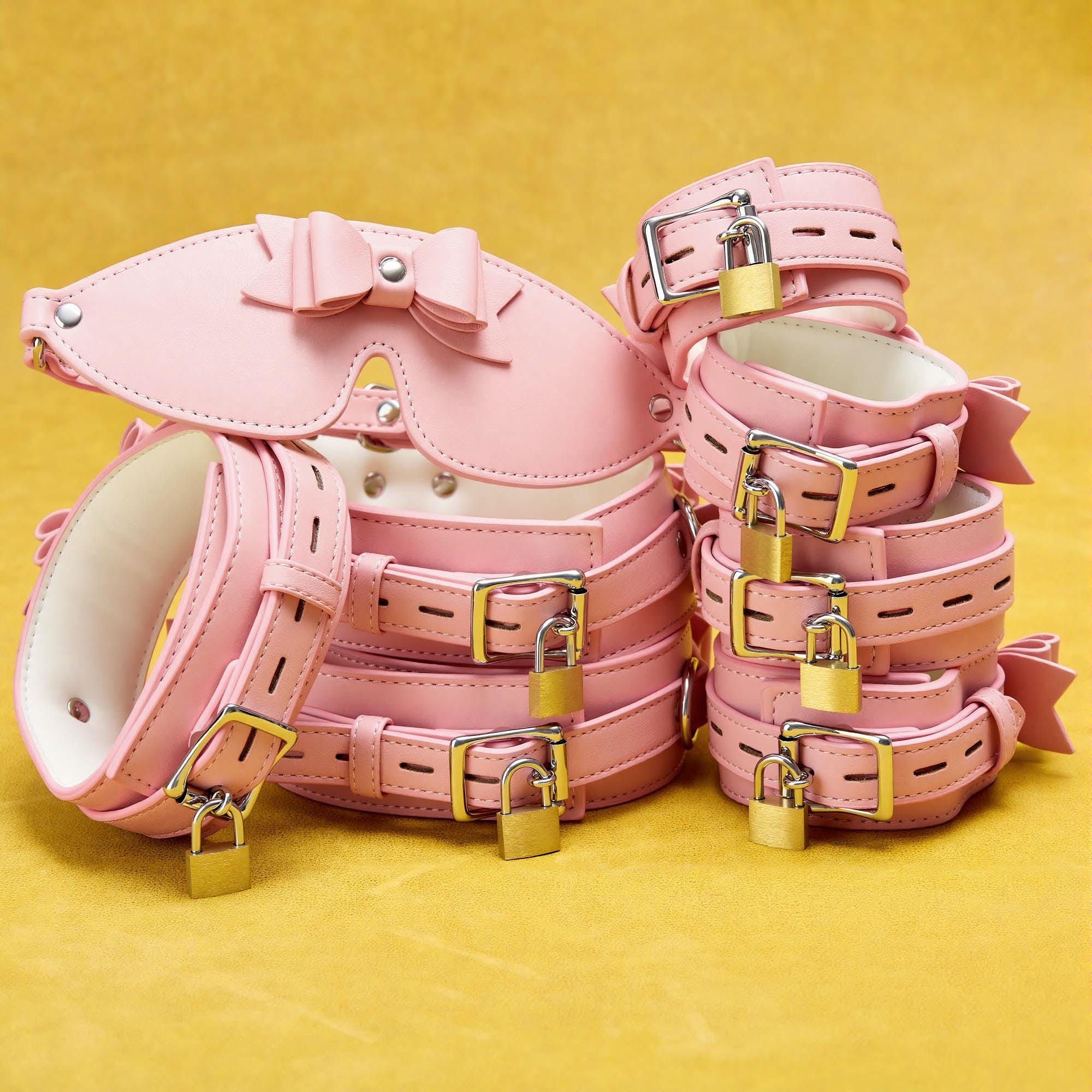 Leather Pink Bondage Set, BDSM Bondage Cuffs for Women Wife Girl Sissy ...