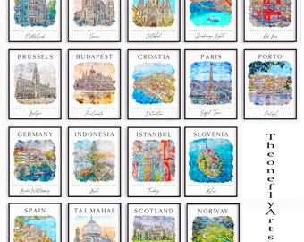 Mega World Travel Printable Art Set, 24 Watercolor Travel Gallery Set ...