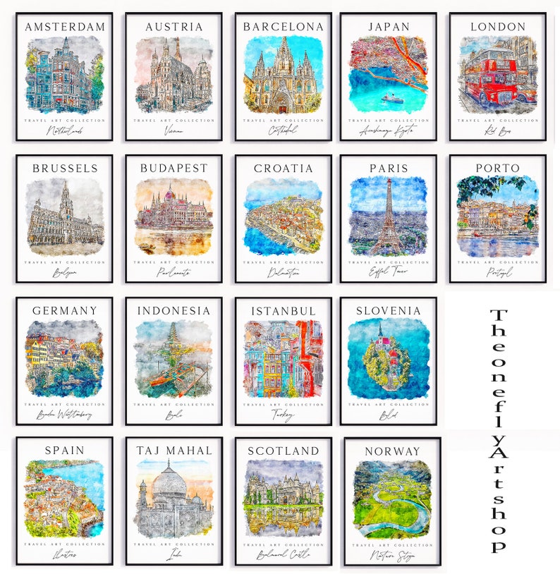 Mega World Travel Posters, 18 Watercolor Travel Gallery Set, Colorful ...