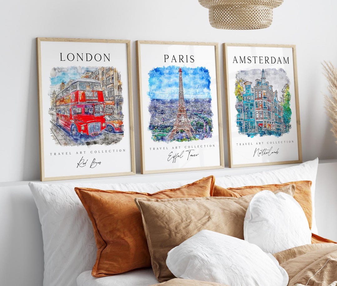 Travel Poster Set of 3, Watercolor Cityscape Wall Art Prints ...