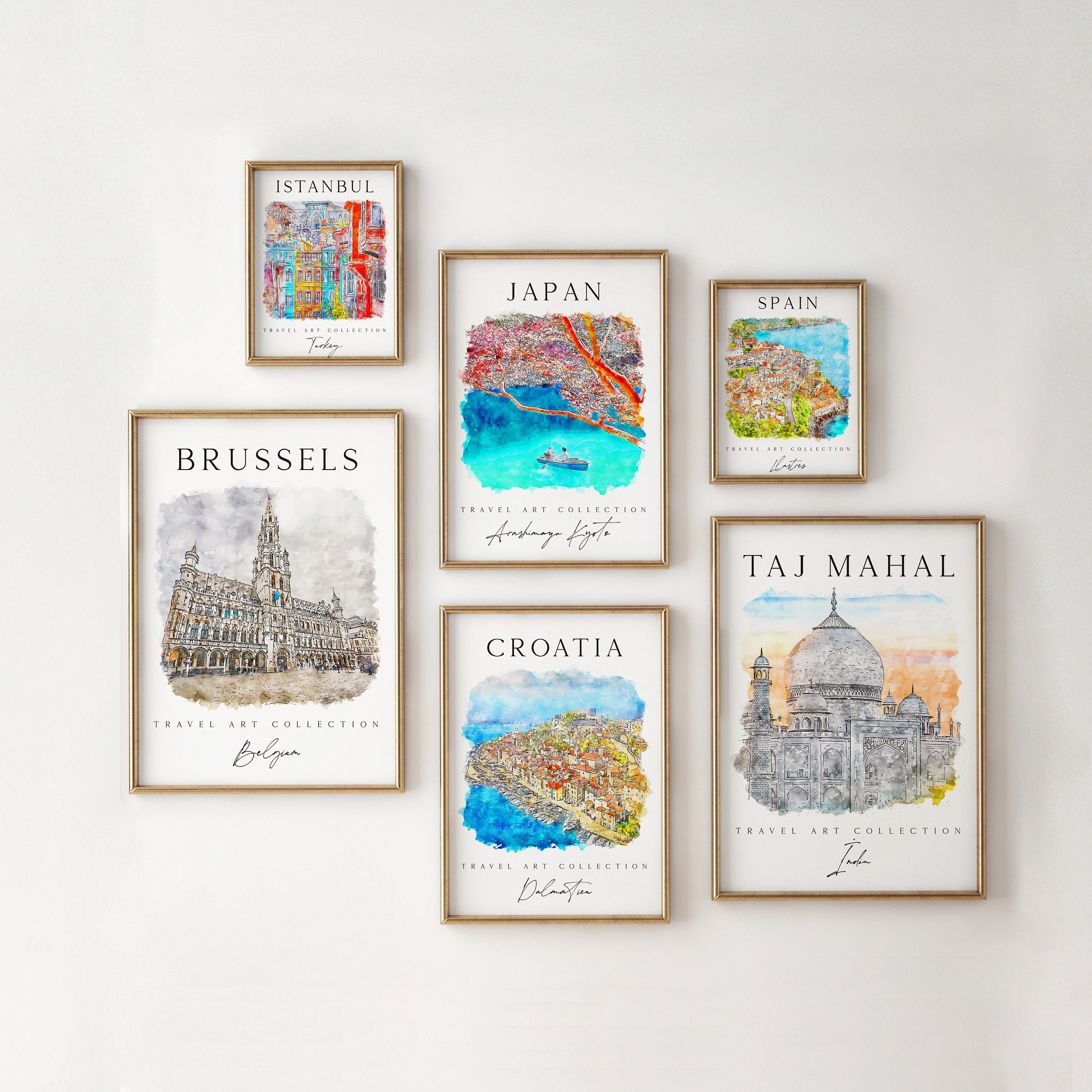 Mega World Travel Posters, 18 Watercolor Travel Gallery Set, Colorful ...