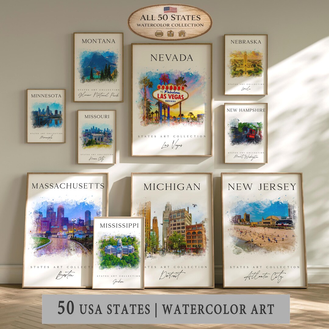 Complete 50 USA States Watercolor Art Collection - Professional Office ...