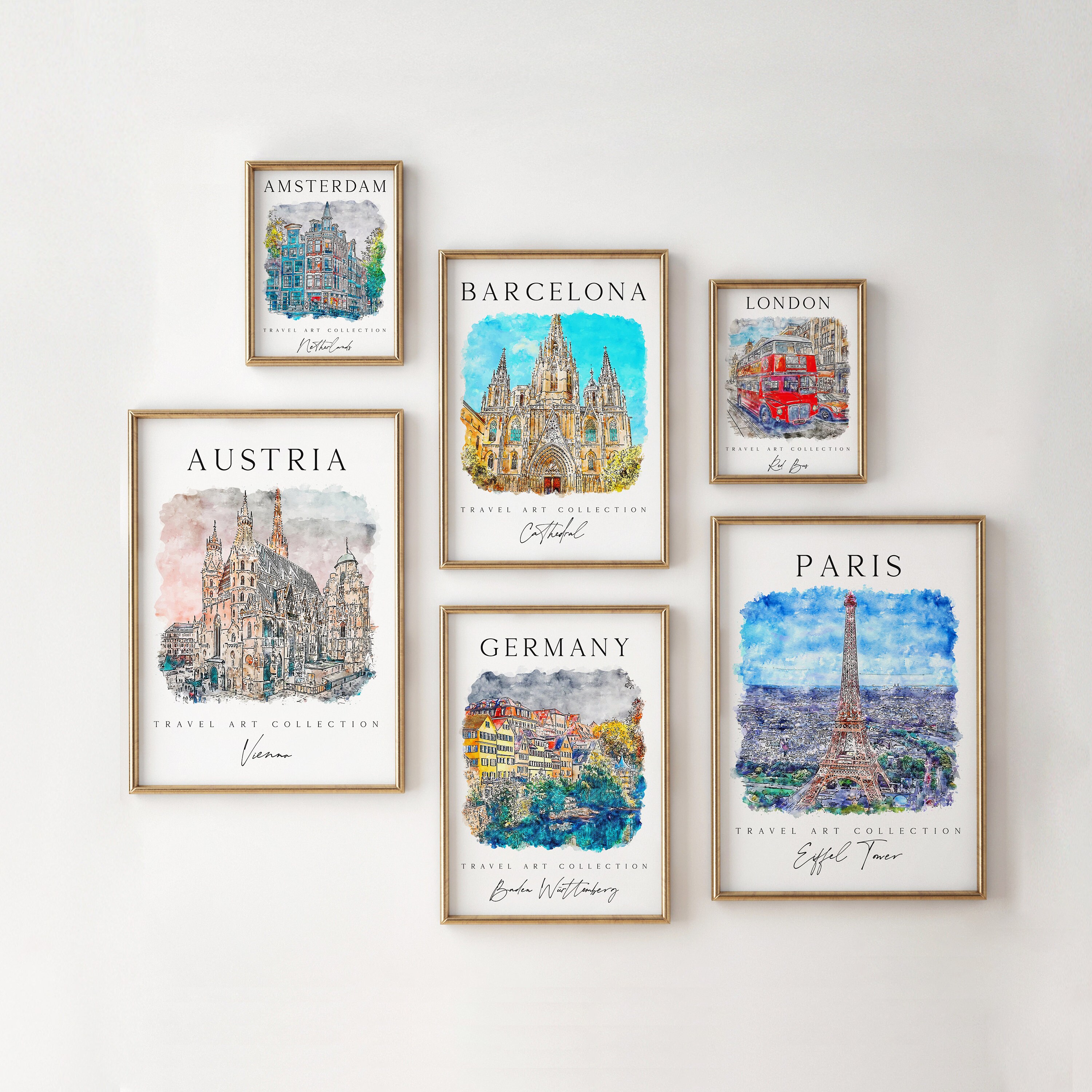 Mega World Travel Posters, 18 Watercolor Travel Gallery Set, Colorful ...