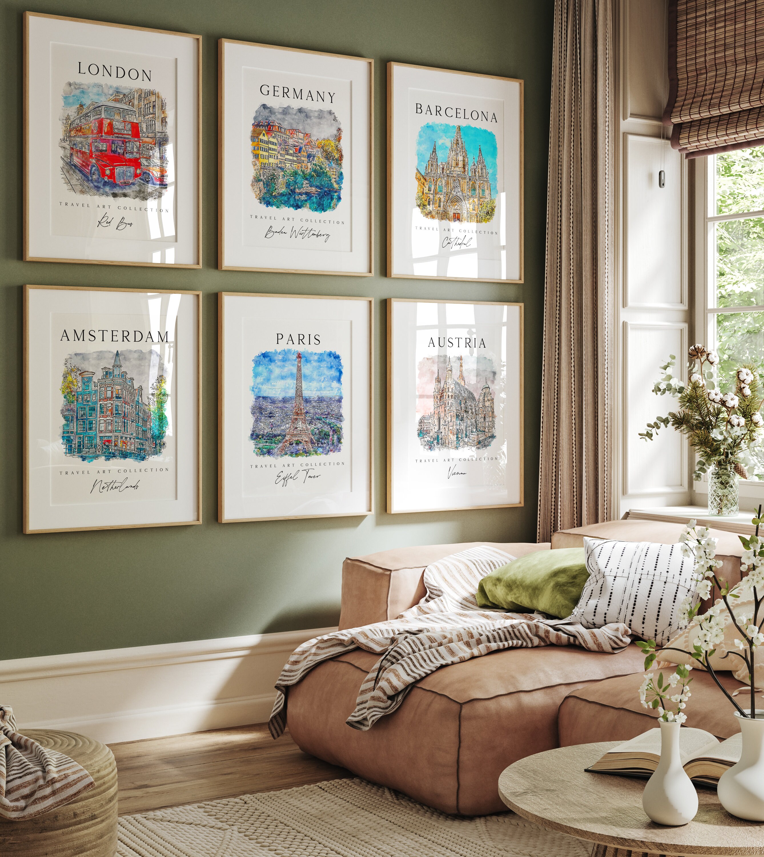 Mega World Travel Posters, 18 Watercolor Travel Gallery Set, Colorful ...