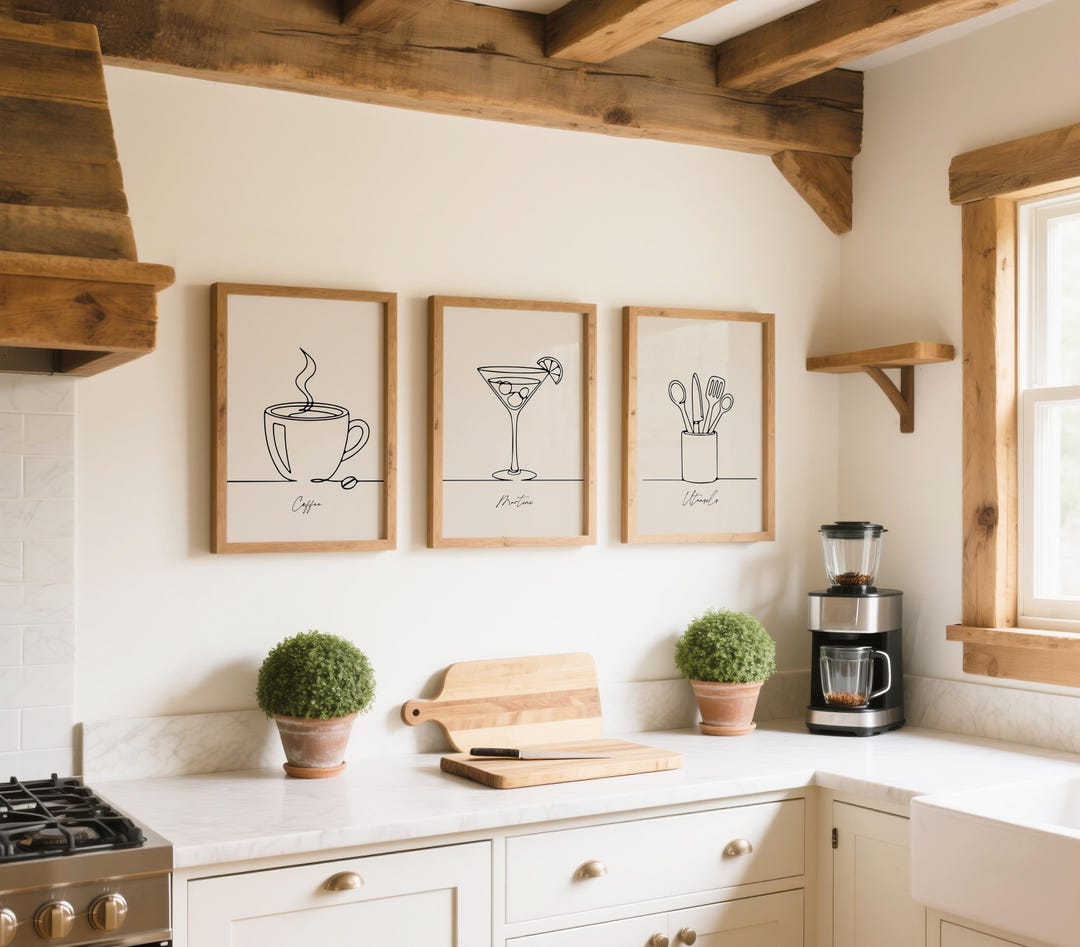 Set of 3 Line Drawing Printable Kitchen Decor ,kitchen Wall Art, Dining ...