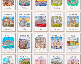 Mega World Travel Printable Art Set, 24 Watercolor Travel Gallery Set ...