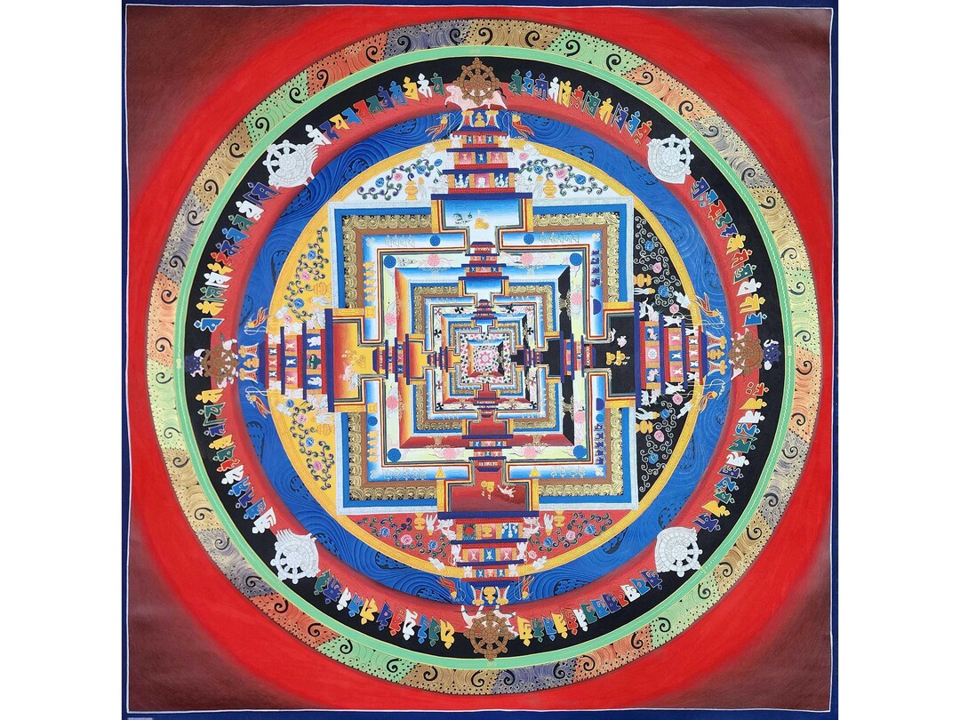 39 Inch, Buddhist Hand Painted Tibetan Thangka of Kalachakra Mandala ...