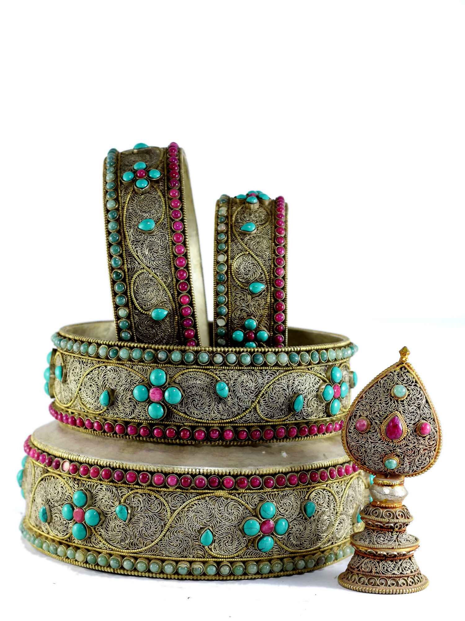 Copper Ratna Mandala Offering Full Silver Plated, Real Stone, With ...