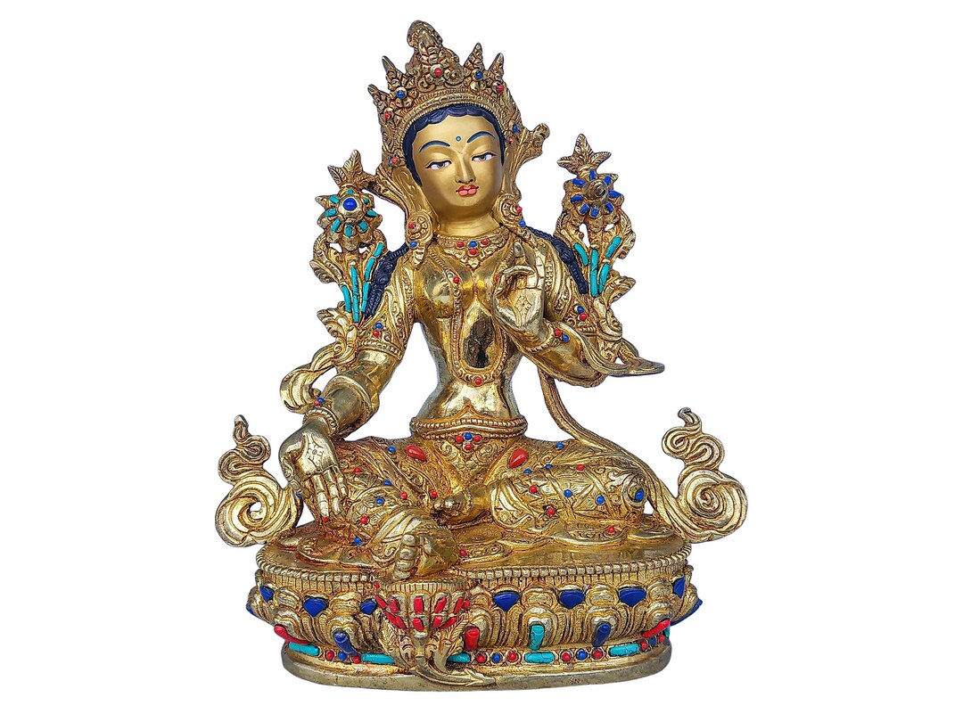 9 Inch, Green Tara, Buddhist Handmade Statue, Face Painted, Stone ...