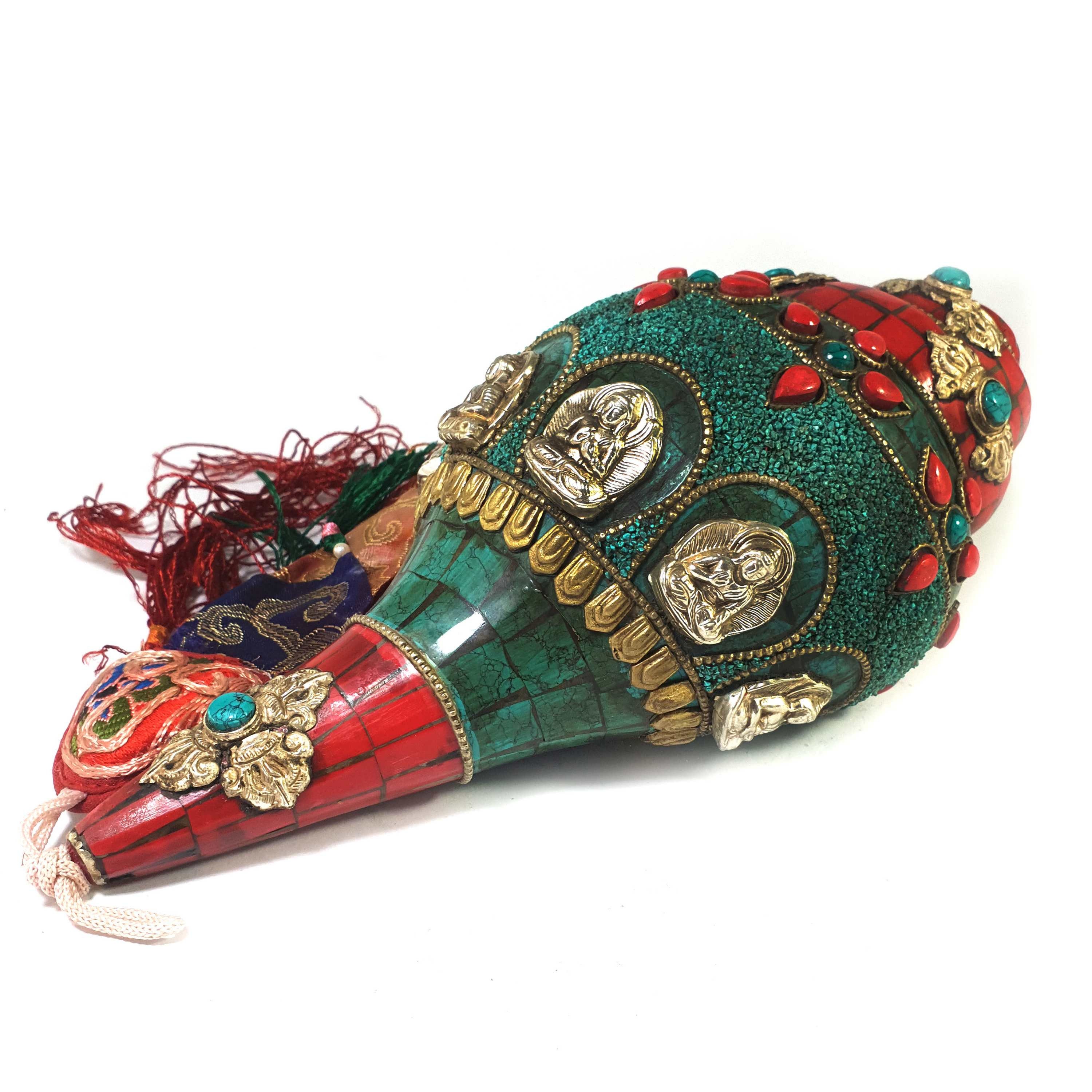 Conch Shell With Om Mani Padme Hum, Stone and Metal Setting, With ...