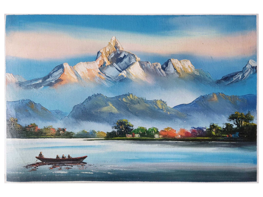 15 Inch, Painting of Lake of Pokhara With Mountain View Oil Color on ...