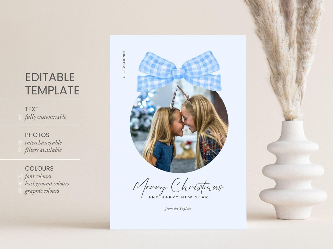 Editable Christmas Photo Card Template. Blue Plaid Bow & Bauble Design ...