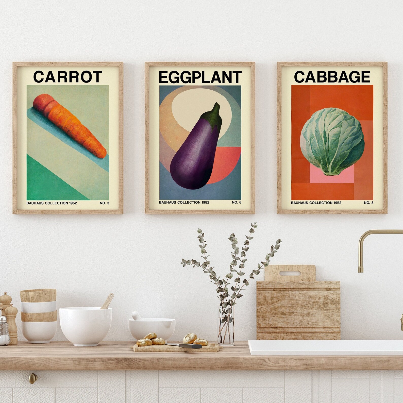 6 Retro Vegetable Art Posters, Bauhaus Inspired Gallery Set, Botanical ...