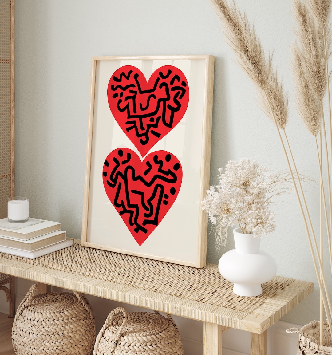 Keith Haring-inspired Heart Wall Art, Colorful Modern Art Poster, Pink ...