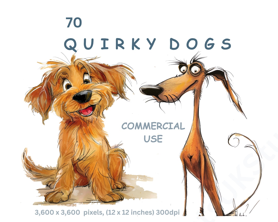 Clipart Quirky Dog Bundle, 70 PNG Watercolour Images of Cartoon Hounds ...