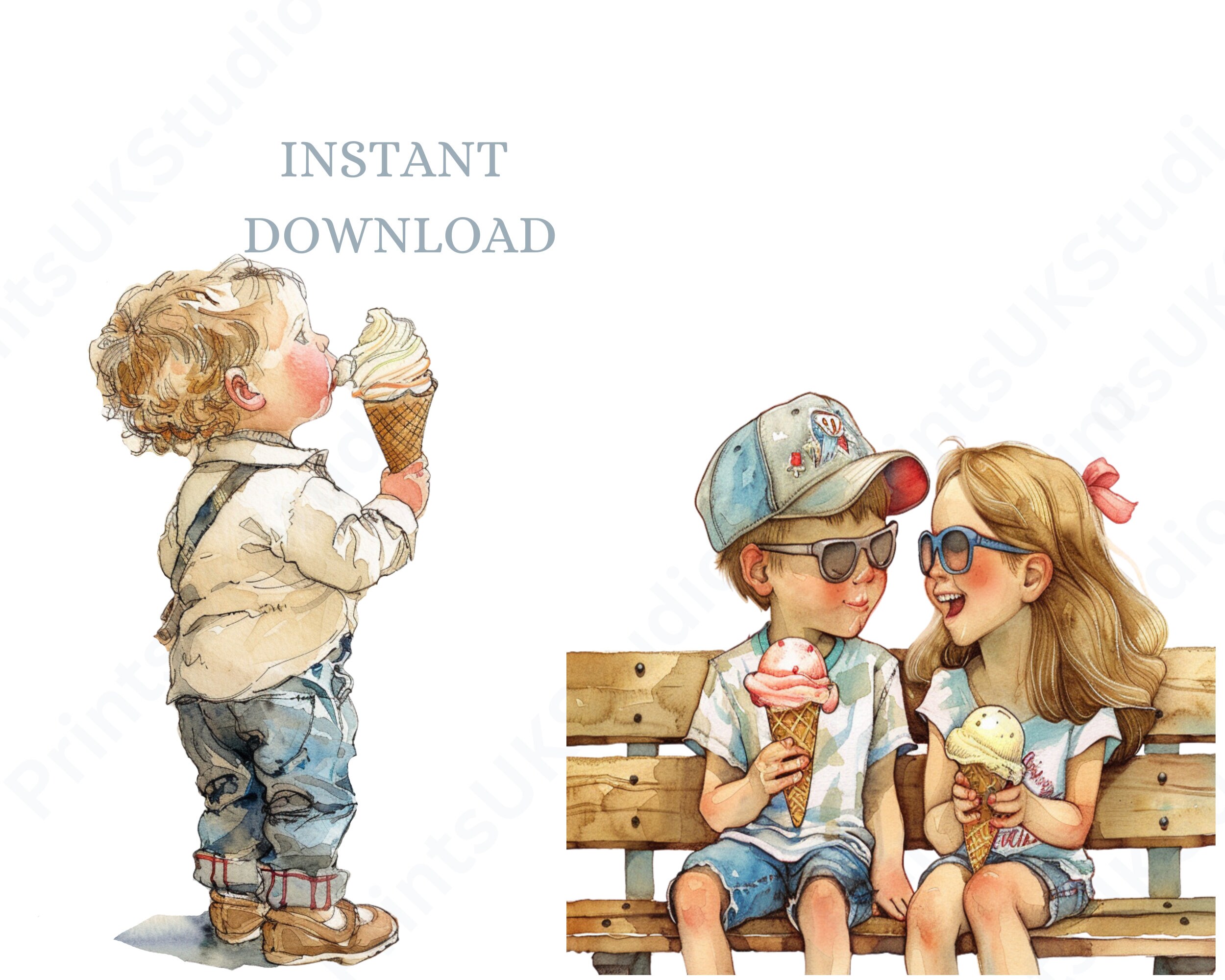 Clipart Children and Ice Cream, 12 PNG Watercolour Images of Cartoon ...