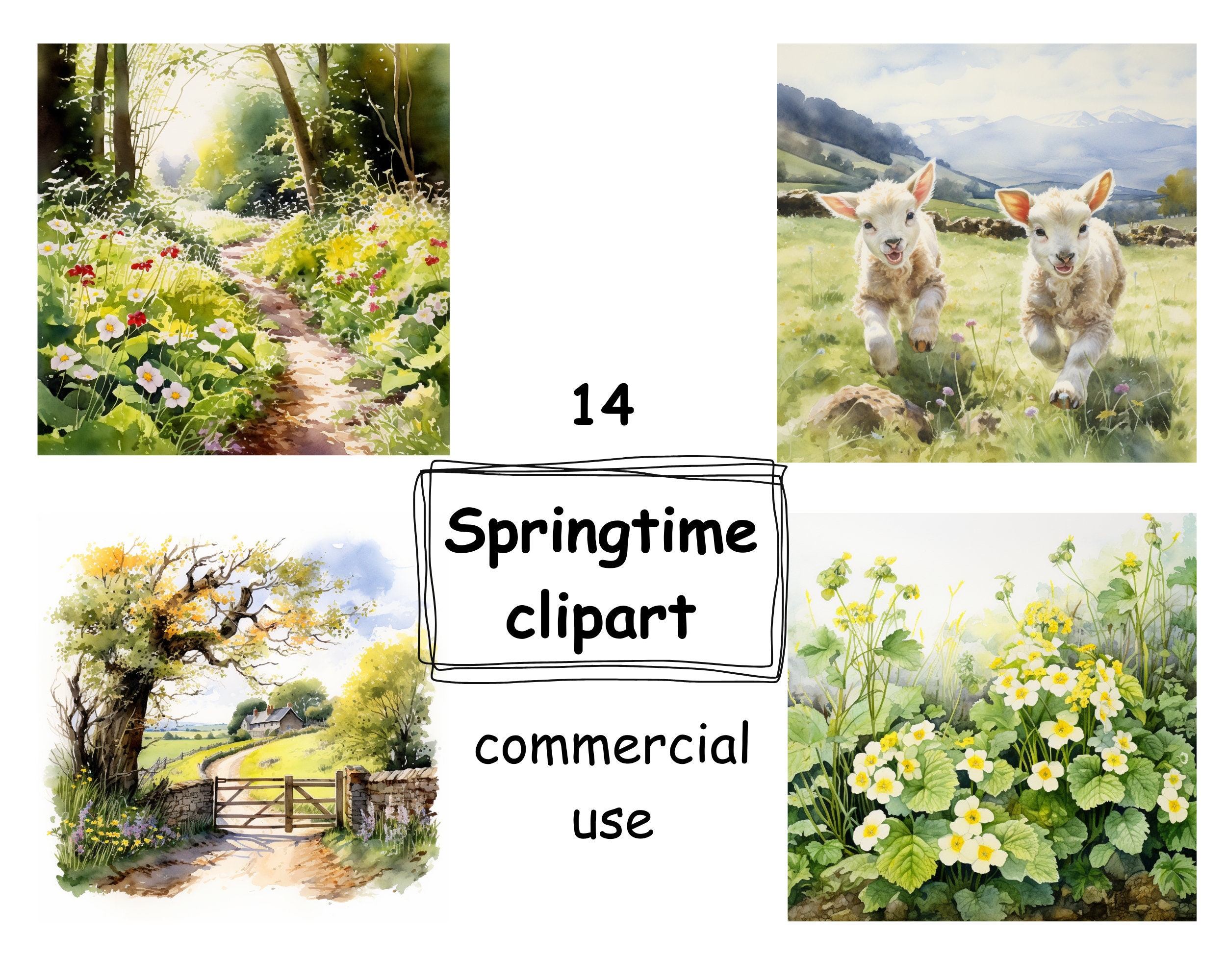 Spring Landscape Clipart, 14 High Quality PNG Watercolour Countryside ...