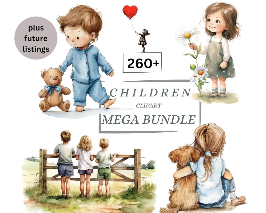 Cute Children Clipart Mega Bundle, Watercolour Images of Cartoon Boys ...