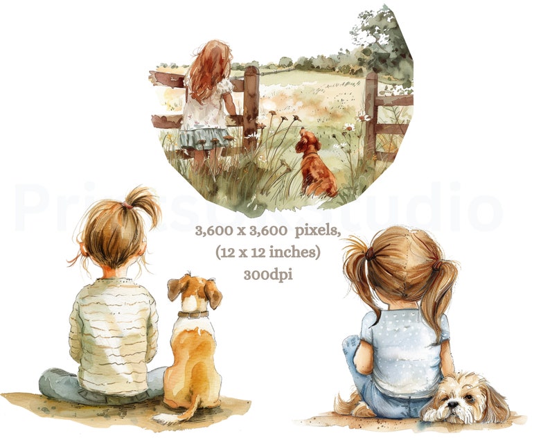 Girl and Dog Clipart 12 PNG Watercolour Images Cartoon Children ...