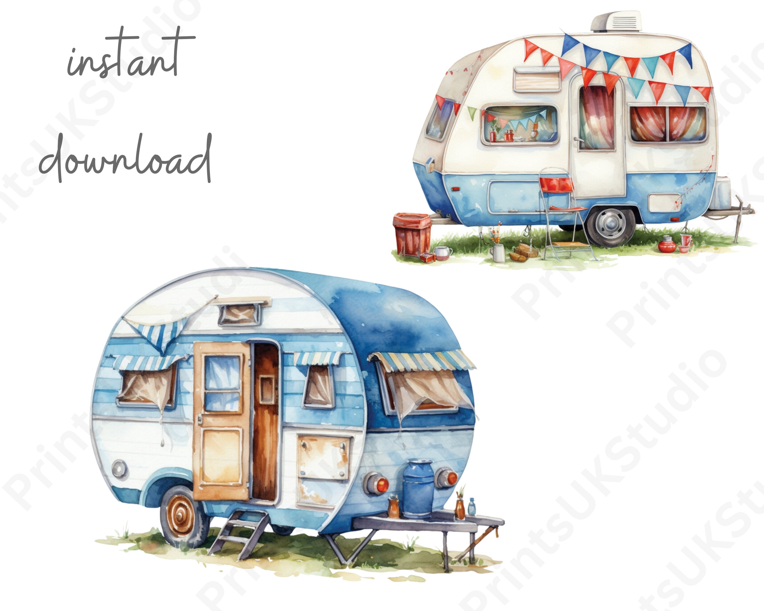 Caravan Clipart, 12 Watercolour Images of Old Fashioned Caravans ...
