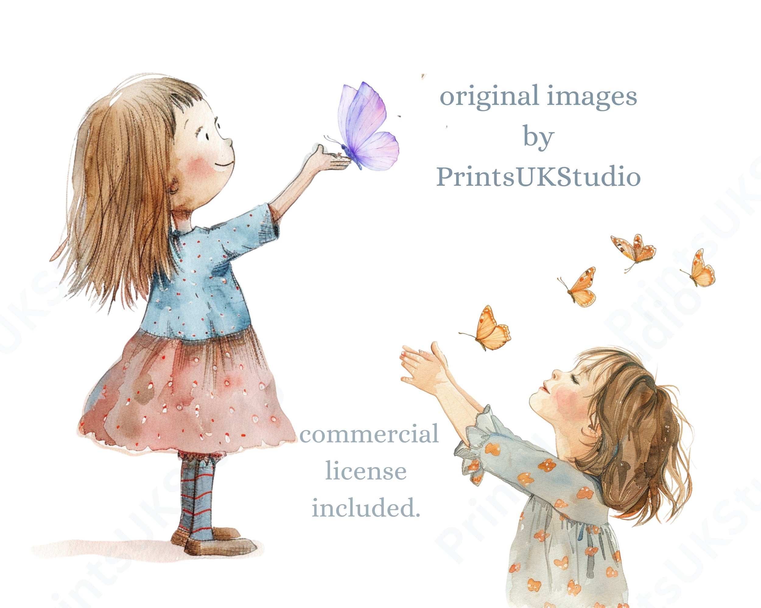 Clipart Girl and Butterflies, 12 Watercolour Images of Child and ...