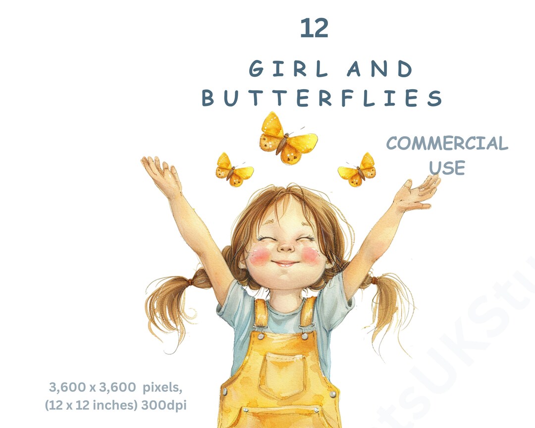 Clipart Girl and Butterflies, 12 Watercolour Images of Child and ...