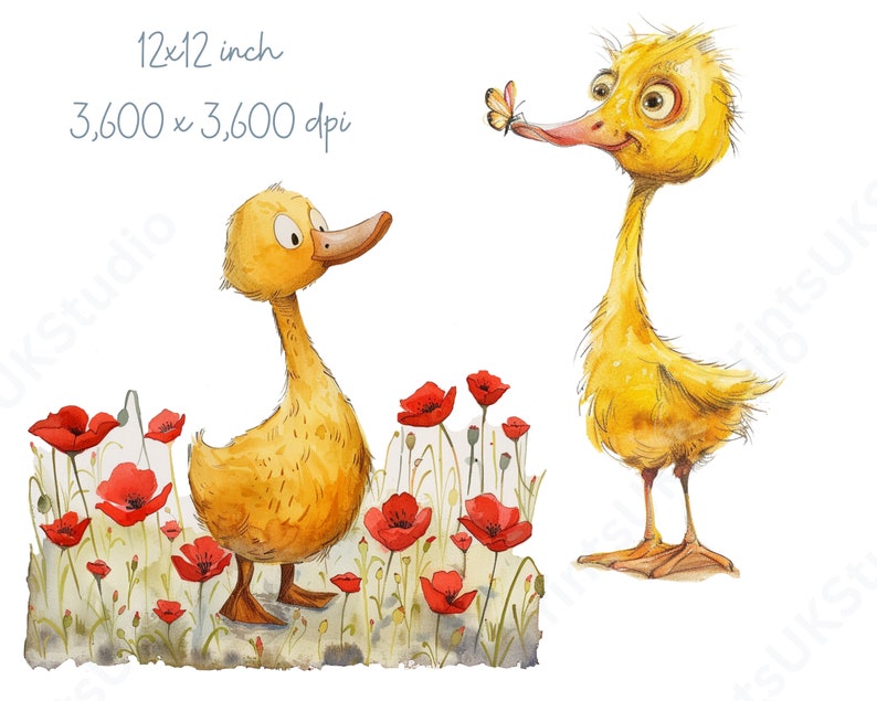 Quirky Ducks Clipart, 12 PNG Watercolour Images of Whimsical Yellow ...