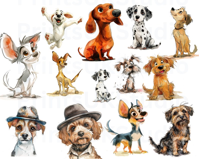 Clipart Quirky Dog Bundle, 70 PNG Watercolour Images of Cartoon Hounds ...