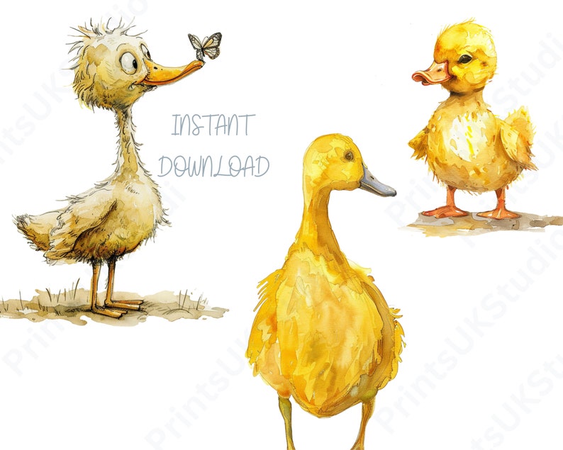 Quirky Ducks Clipart, 12 PNG Watercolour Images of Whimsical Yellow Ducks, Funny Animal Graphics ...