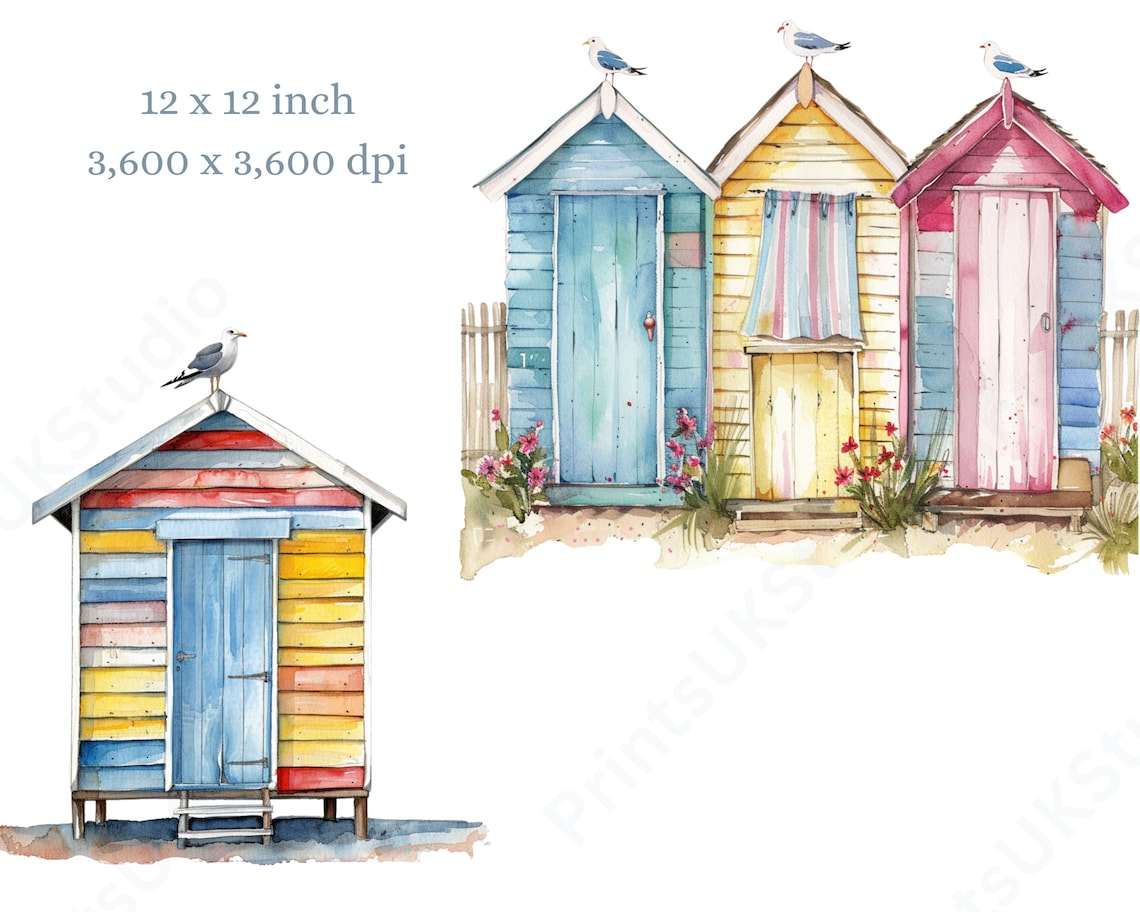 Beach Hut Clipart, 12 PNG Watercolour Images of Seaside Beach Huts ...