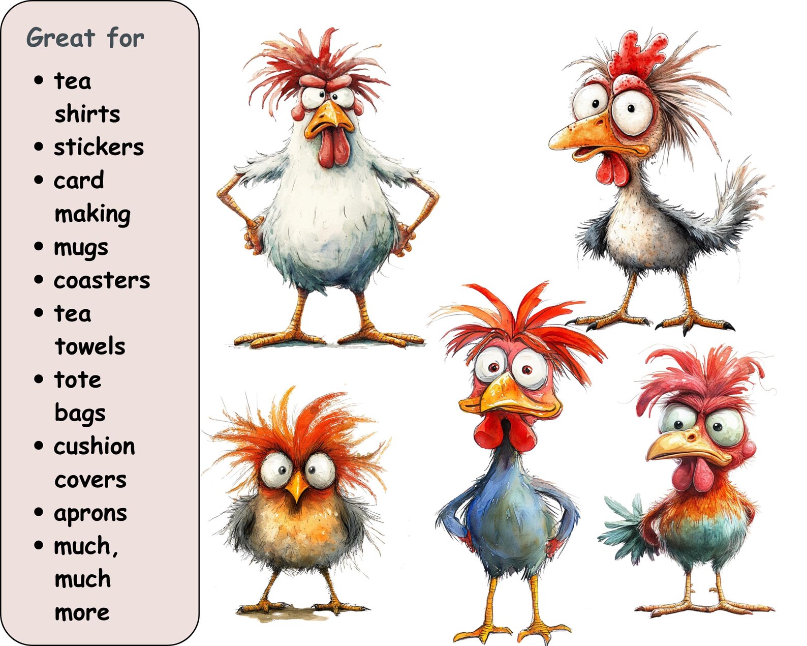 Quirky Chicken Clipart, 14 Watercolour Images of Cartoon Hens, Roosters ...