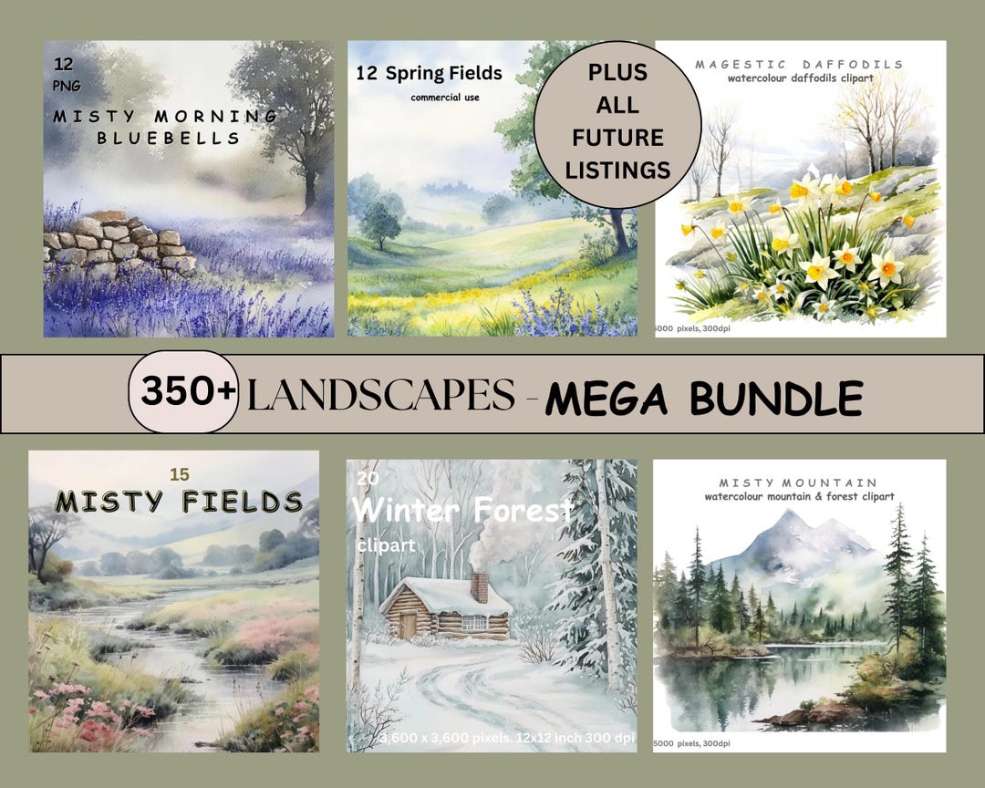 Landscape Clipart Mega Bundle, Watercolour Images of Fields, Meadows ...