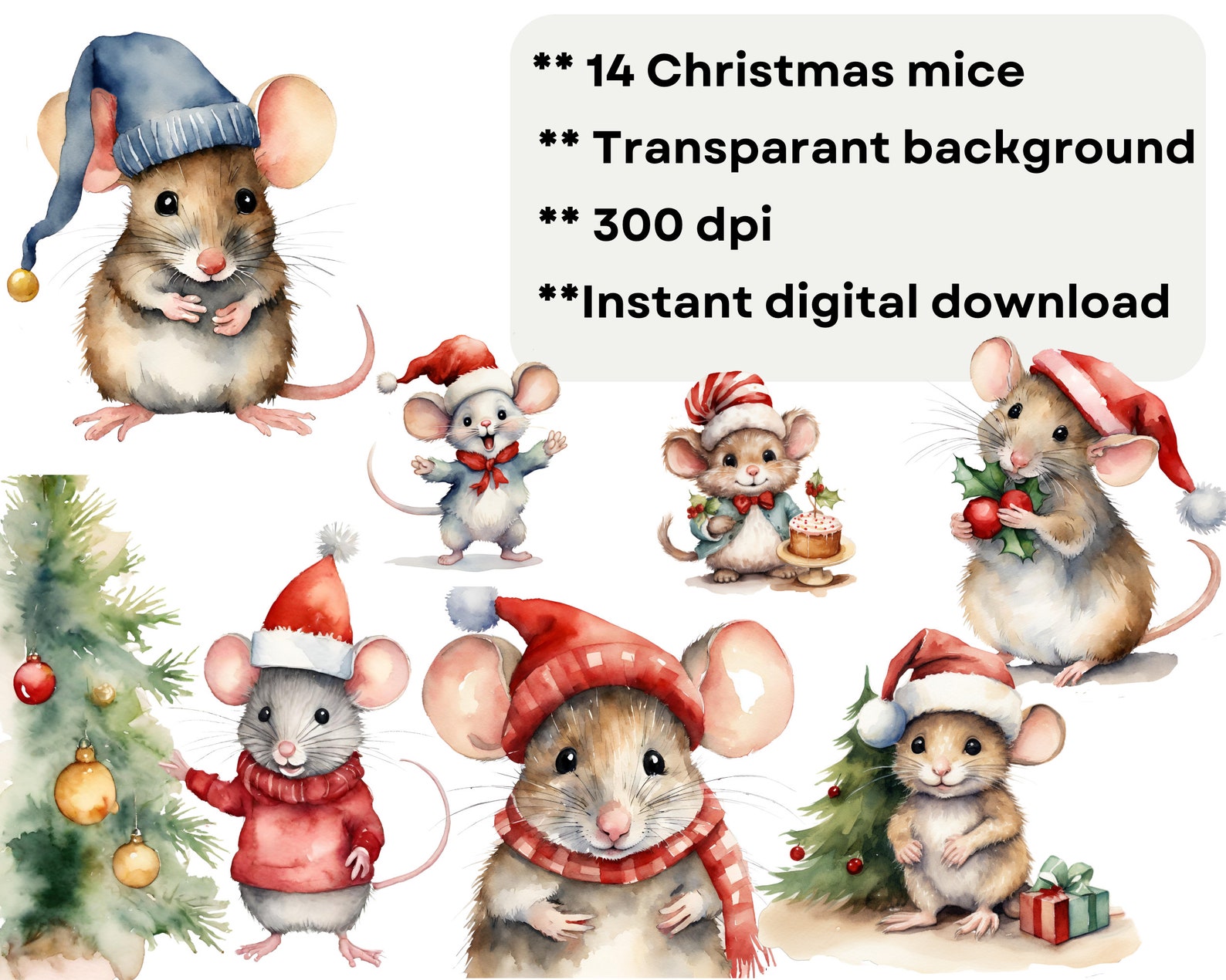 Watercolour Christmas Mice Clip Art, 14 High Quality Transparent ...